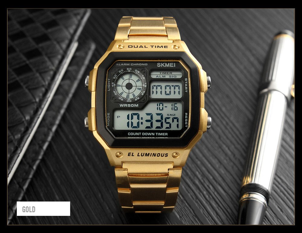 FANMIS Men's Luxury Digital Quartz Waterproof Wrist Watches Dual Time Countdown Alarm Stopwatch Backlight Multi-Function Watch (Gold)