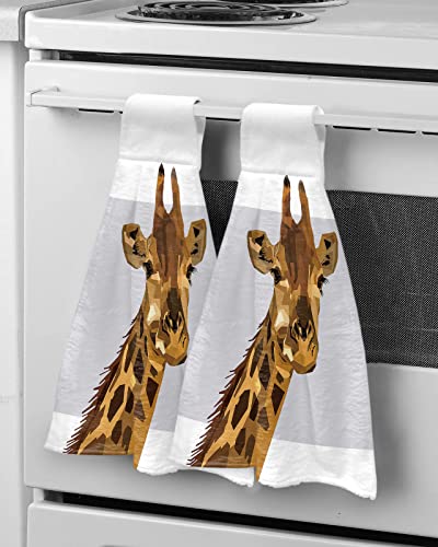 Geometric Art Hanging Hand Towels Kitchen Towel Absorbent Towel Hanging Towel Hand Bath Towel, 18"x14" Decorative Soft Oven Towel Quick Dry Dish Cloth Towels 2Pcs, Brown Giraffe Textured Pattern