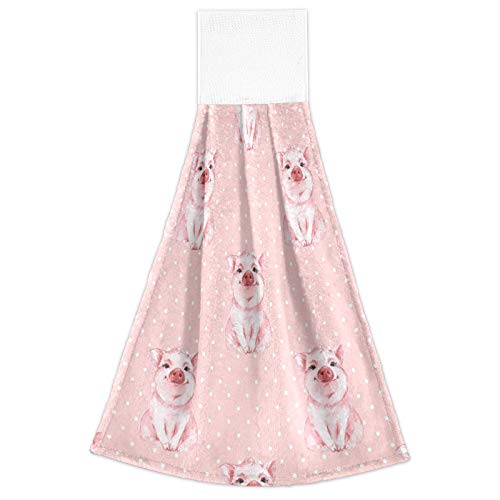 KEEPREAL Pink Pig Kitchen Towels Set of 2, 12 X 17 in Soft Hand Towels or Dishcloths with Hanging Loop, Absorbent Hand Towel for Bathroom Kitchen Décor