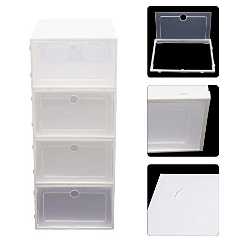 XUANIIIL 12/24 Pack Stackable Shoe Box Set, Plastic Clear Medium/Large Size Foldable Shoe Storage Boxes Home Organizer for Closet Shoe Holder Rack Containers with Lids (White, Standard Size, 20pcs)