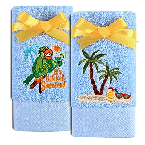 Quera 2 Pack Summer Hand Towels 100 Percent Cotton Embroidered Palm Trees Paradise Beach Decor Parrot Bathroom Decorative Dish Set for Drying, Cleaning, Cooking,, Blue, It's 5 O'CLOCK Somewhere!