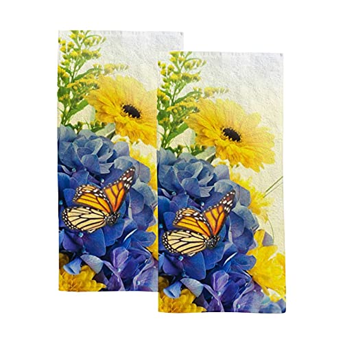 Hand Towels Face Towels Set of 2 Summer Yellow Blue Butterfly Flowers Soft Comfortable Polyester Microfiber Fast Water Absorbent Towels for Bathroom Kitchen 30X15 Inch