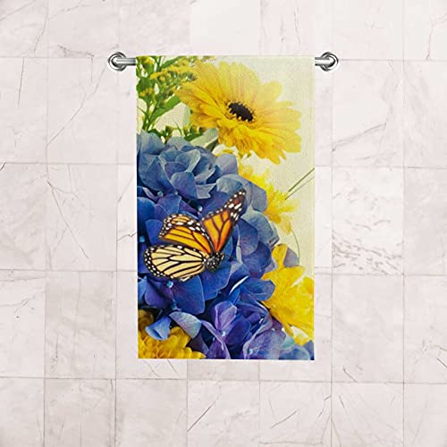 Hand Towels Face Towels Set of 2 Summer Yellow Blue Butterfly Flowers Soft Comfortable Polyester Microfiber Fast Water Absorbent Towels for Bathroom Kitchen 30X15 Inch