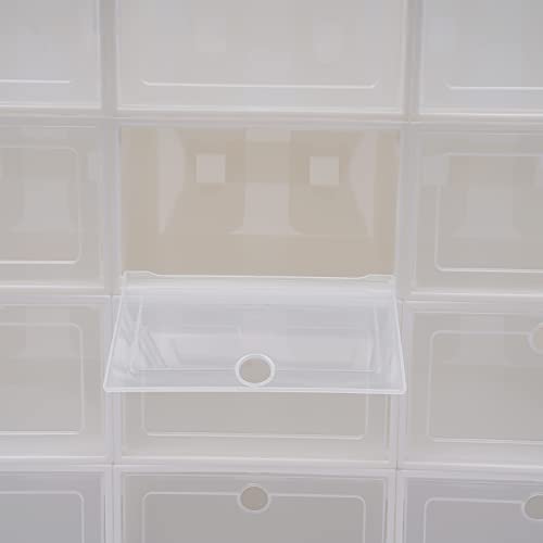 XUANIIIL 12/24 Pack Stackable Shoe Box Set, Plastic Clear Medium/Large Size Foldable Shoe Storage Boxes Home Organizer for Closet Shoe Holder Rack Containers with Lids (White, Standard Size, 20pcs)