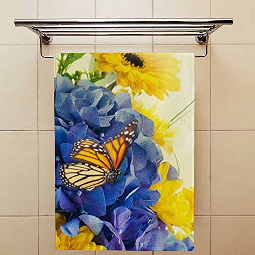 Hand Towels Face Towels Set of 2 Summer Yellow Blue Butterfly Flowers Soft Comfortable Polyester Microfiber Fast Water Absorbent Towels for Bathroom Kitchen 30X15 Inch
