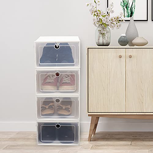XUANIIIL 12/24 Pack Stackable Shoe Box Set, Plastic Clear Medium/Large Size Foldable Shoe Storage Boxes Home Organizer for Closet Shoe Holder Rack Containers with Lids (White, Standard Size, 20pcs)