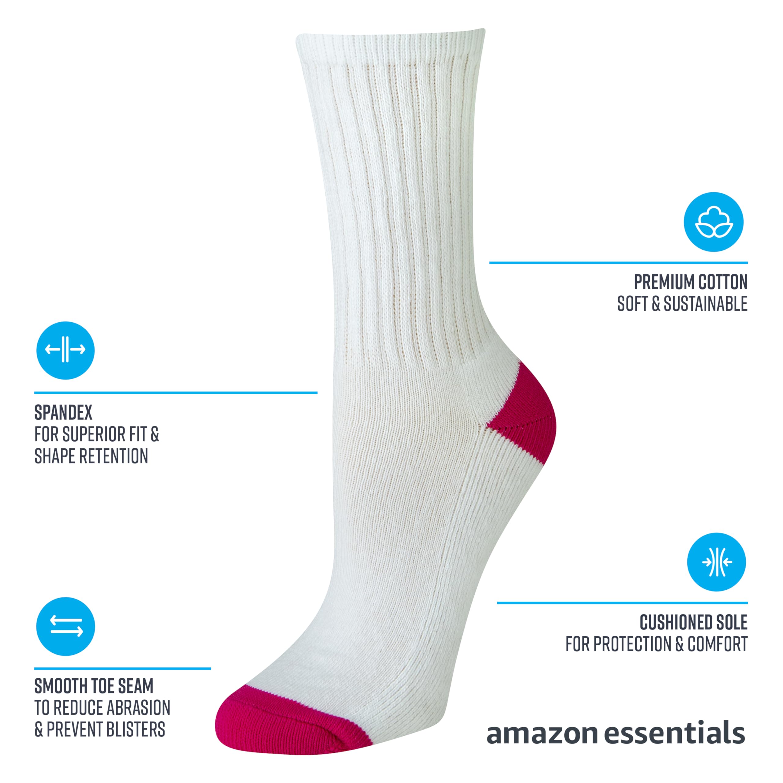Amazon Essentials Women's Cotton Crew Socks, Lightly Cushioned, 10 Pairs, White, 6-9