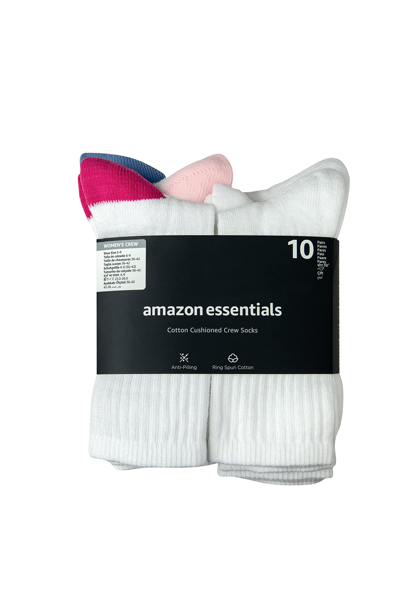 Amazon Essentials Women's Cotton Crew Socks, Lightly Cushioned, 10 Pairs, White, 6-9