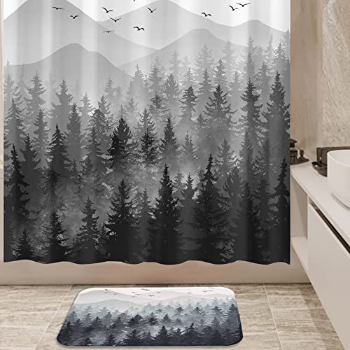 Accnicc Black and White Misty Forest Shower Curtain Bundle with Black Misty Forest Small Bathroom Rugs Mat Non-Slip Bath Rugs