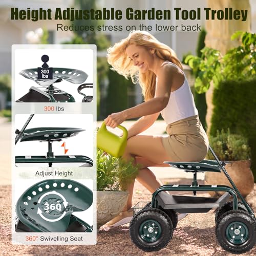 Kinsuite Rolling Utility Garden Cart Patio Wagon with Adjustable 360 Degree Swivel Seat Heavy Duty Steel Frame