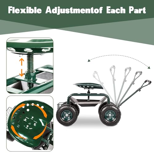 Kinsuite Rolling Utility Garden Cart Patio Wagon with Adjustable 360 Degree Swivel Seat Heavy Duty Steel Frame
