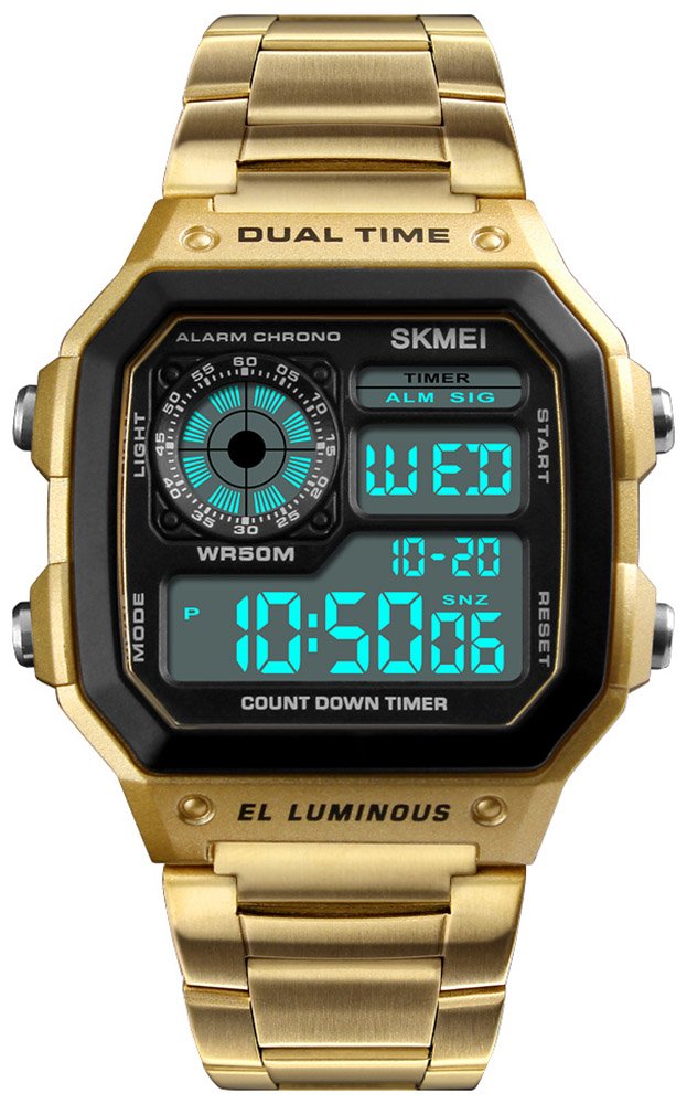 FANMIS Men's Luxury Digital Quartz Waterproof Wrist Watches Dual Time Countdown Alarm Stopwatch Backlight Multi-Function Watch (Gold)