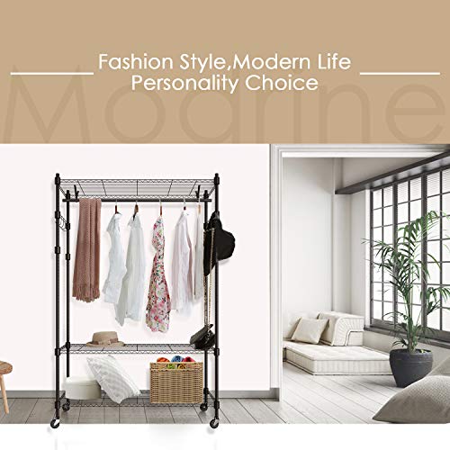 Modrine Clothing Rolling Rack, 3 Tiers Heavy Duty Garment Rack, with Lockable Wheels, 2 Side Hooks and 1 Clothes Rod (Black)