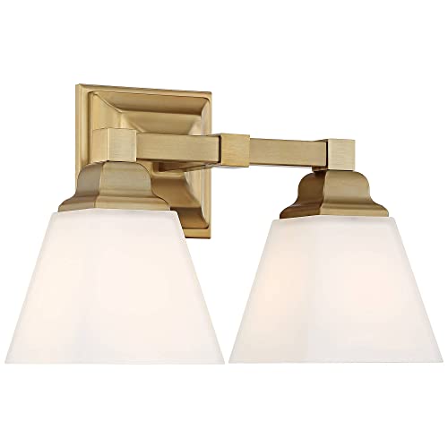 Regency Hill Mencino Opal Modern Wall Mount Light Warm Brass Gold Metal Hardwired 12 1/2" Wide 2-Light Fixture Etched Glass Shade for Bedroom Bathroom Vanity Reading Living Room Hallway