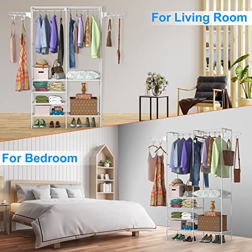 TeqHome Garment Rack, 42'' Freestanding Clothes Rack Shoe Clothing Organizer Shelves, Multifunctional Clothes Wardrobe with 4 Hooks & 2 Hanging Rods, Coated Iron Frame, Easy Assembly, Max Load 350lbs