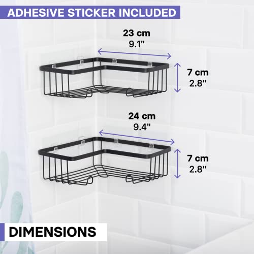 KINCMAX Corner Shower Caddy, Rustproof SUS304 Stainless Steel, Adhesive Wall Mount Double Baskets 2-pack with Built-in Hooks (Matte Black)