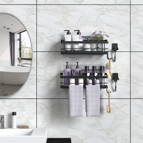 Sinminou Adhesive Shower Caddy With 5 Hooks & 2 Tower Hanger, Rustproof SUS304 Stainless Steel Shower Shelf Basket, Wall Mounted No Drilling Shower Organizer Shampoo Holder - 2 Pack (Black)