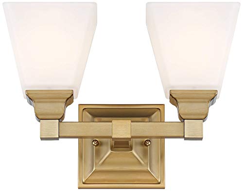 Regency Hill Mencino Opal Modern Wall Mount Light Warm Brass Gold Metal Hardwired 12 1/2" Wide 2-Light Fixture Etched Glass Shade for Bedroom Bathroom Vanity Reading Living Room Hallway