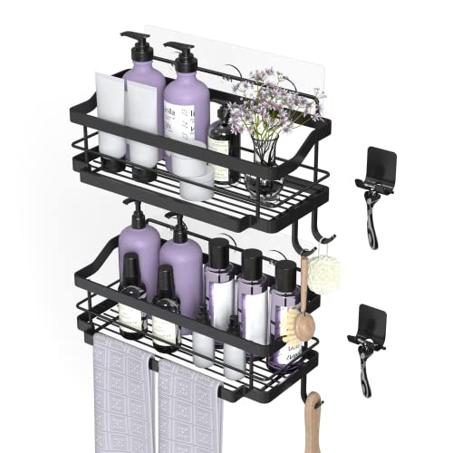 Sinminou Adhesive Shower Caddy With 5 Hooks & 2 Tower Hanger, Rustproof SUS304 Stainless Steel Shower Shelf Basket, Wall Mounted No Drilling Shower Organizer Shampoo Holder - 2 Pack (Black)