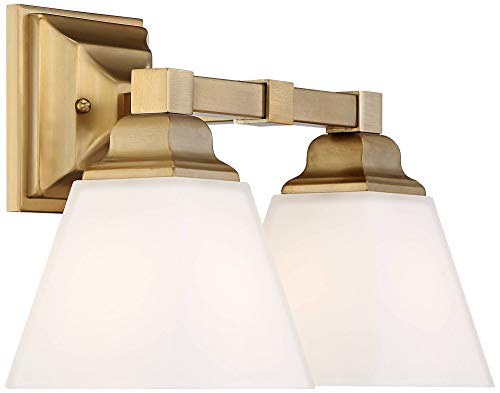 Regency Hill Mencino Opal Modern Wall Mount Light Warm Brass Gold Metal Hardwired 12 1/2" Wide 2-Light Fixture Etched Glass Shade for Bedroom Bathroom Vanity Reading Living Room Hallway