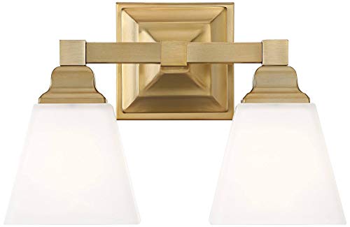 Regency Hill Mencino Opal Modern Wall Mount Light Warm Brass Gold Metal Hardwired 12 1/2" Wide 2-Light Fixture Etched Glass Shade for Bedroom Bathroom Vanity Reading Living Room Hallway
