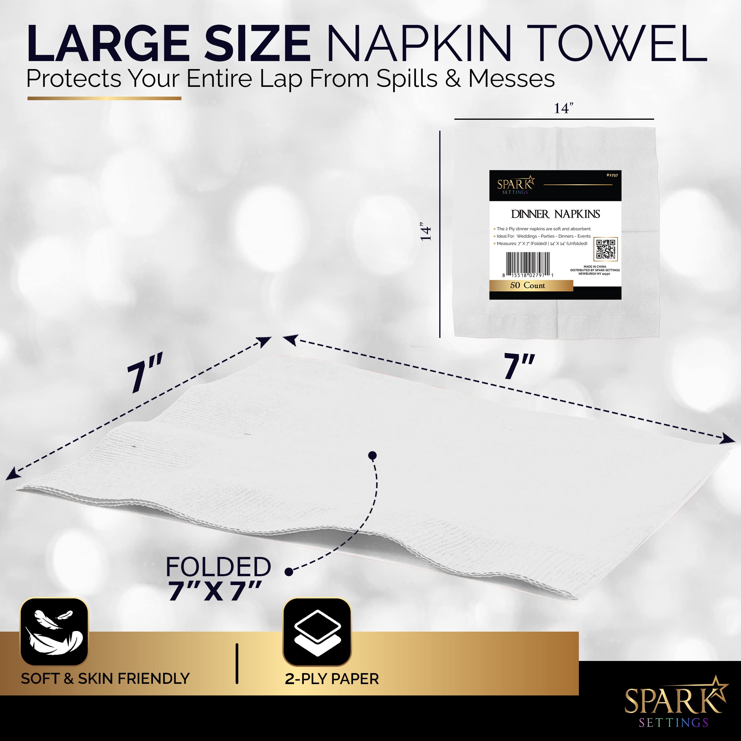 Amcrate Big Party Pack 40 Count White Dinner Napkins Tableware- Ideal for Wedding, Party, Birthday, Dinner, Lunch, Cocktails. (7β x 7β)