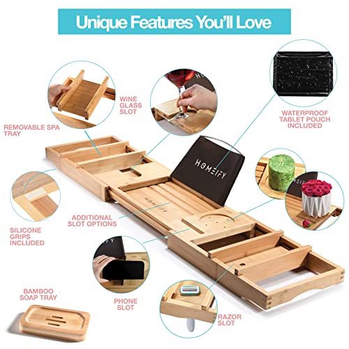 Premium Bamboo Bathtub Tray Caddy - Waterproof Tablet/Phone Case & Razor Slot - Expandable Bath Tray (up to 44in), Luxury Spa Bathtub Caddy, with Adjustable Reading Rack - Patent Pending