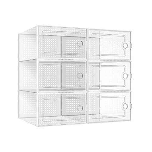 ZEXDOK Shoe Boxes Clear Plastic Stackable, 6 Pack Shoe Storage Boxes for Closet Small Space, Foldable Sneaker Storage Boxes, Under Bed Shoe Storage Containers for Entryway, Closet Floor, Drop Front