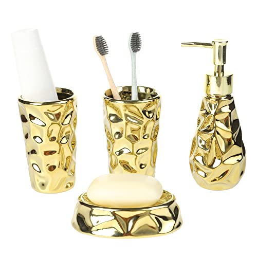 MyGift 4 Piece Luxurious Modern Gold Ceramic Bathroom Accessory Set, Gold Decor Bathroom Accessories, Toothbrush Holder Set with Soap Dish, Pump Dispenser and Tumblers