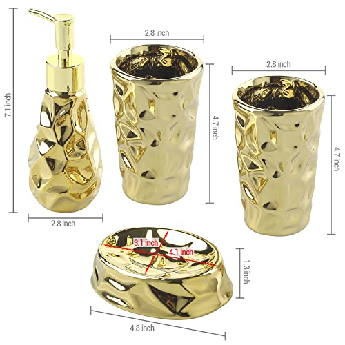 MyGift 4 Piece Luxurious Modern Gold Ceramic Bathroom Accessory Set, Gold Decor Bathroom Accessories, Toothbrush Holder Set with Soap Dish, Pump Dispenser and Tumblers
