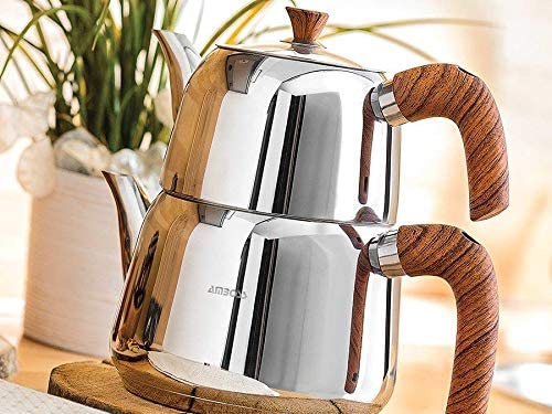 Amboss Turkish Teapot Set with Steam Lid 4 PCS Stainless Steel Wood Design Bakelite Handles Induction Compatible Turkish Tea Set