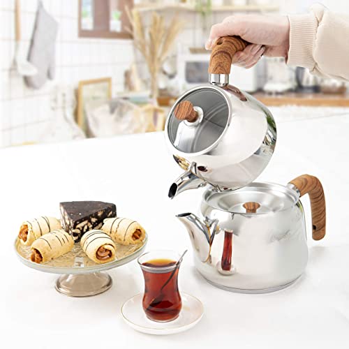 Amboss Turkish Teapot Set with Steam Lid 4 PCS Stainless Steel Wood Design Bakelite Handles Induction Compatible Turkish Tea Set