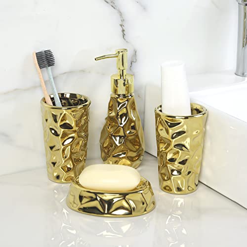 MyGift 4 Piece Luxurious Modern Gold Ceramic Bathroom Accessory Set, Gold Decor Bathroom Accessories, Toothbrush Holder Set with Soap Dish, Pump Dispenser and Tumblers