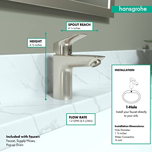 hansgrohe Logis Modern Low Flow Water Saving 1-Handle 1 6-inch Tall Bathroom Sink Faucet in Brushed Nickel, 71100821
