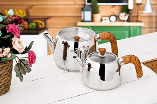 Amboss Turkish Teapot Set with Steam Lid 4 PCS Stainless Steel Wood Design Bakelite Handles Induction Compatible Turkish Tea Set