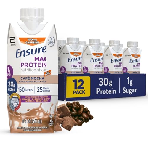 Ensure Max Protein Shake | Café Mocha | Meal Supplement Shake | Ready to Drink | 30g Protein for Muscle Building | 1g Sugar, 4g Fiber | 11 fl oz - 12 Pack