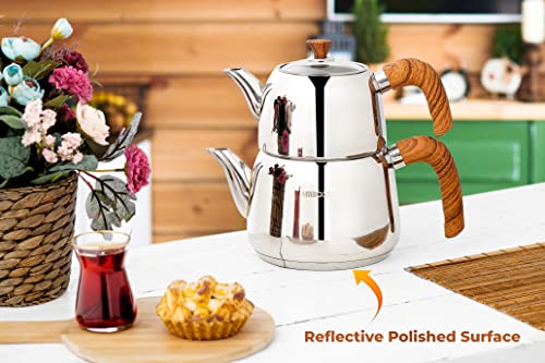 Amboss Turkish Teapot Set with Steam Lid 4 PCS Stainless Steel Wood Design Bakelite Handles Induction Compatible Turkish Tea Set
