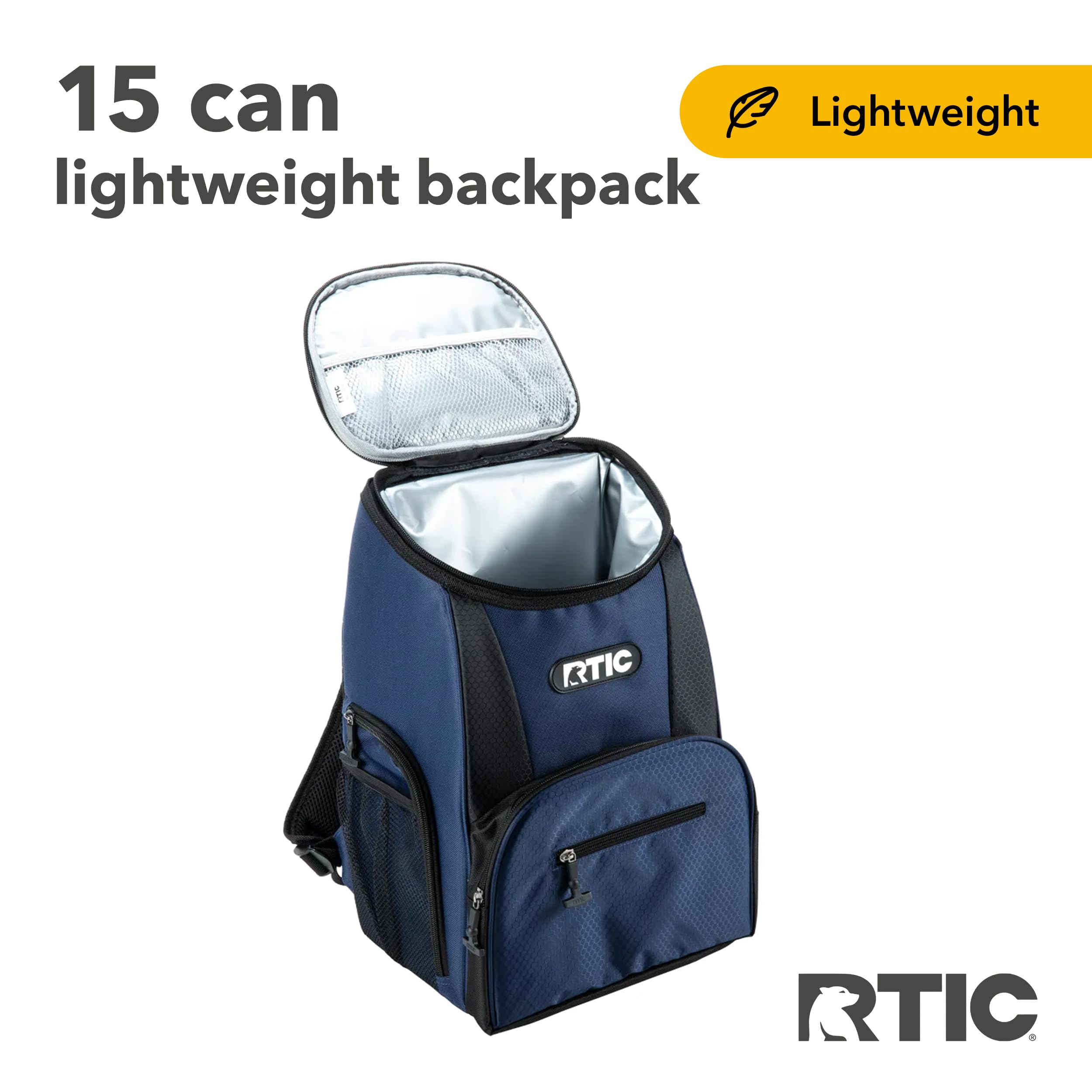 RTIC Lightweight Backpack Cooler, Navy& Black, 15 Can, Portable Insulated Bag, for Men& Women, Great for Day Trips, Picnics, Camping, Hiking, Beach, or Park
