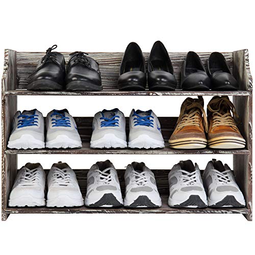 MyGift 3 Tier Rustic Torched Wood Wall Mounted/Freestanding Entryway Shoe Rack Storage Shelves, Closet Organizer Shelf