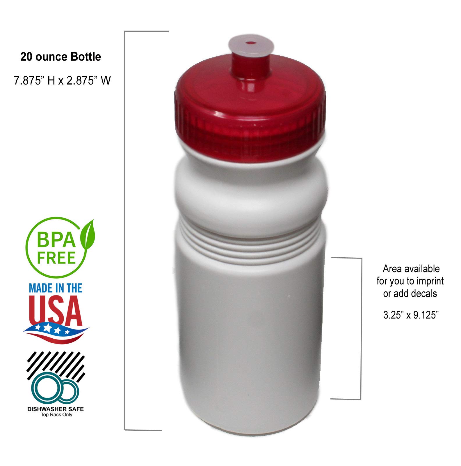 Rolling Sands 20 Ounce Sports Water Bottles 6 Pack, BPA-Free, Made In USA, Dishwasher Safe, White Bottles/Variety