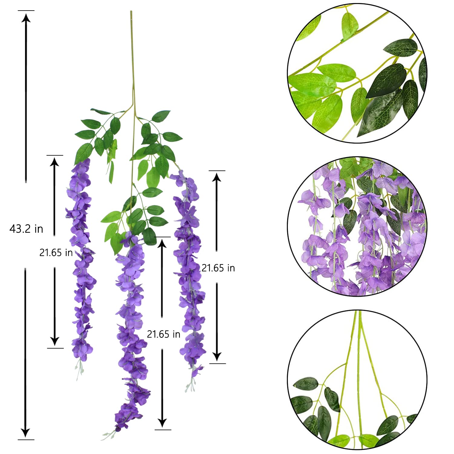 12pcs Artificial Wisteria Flowers 3.6 Feet/Piece Purple Dense Artificial Fake Wisteria Vine Ratta Hanging Garland Silk Flowers String Home Party Wedding Decor（Purple-Dense）