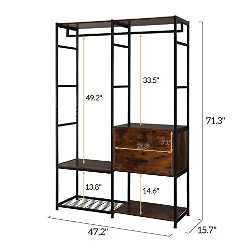 Karl home Freestanding Clothes Rack with 2 Drawers, Heavy Duty Garment Rack with 2 Hanging Rods, Clothing Shelves Metal Frame Wardrobe Closet Organizer for Shoes Coat Storage, Walnut Board 71.3" H