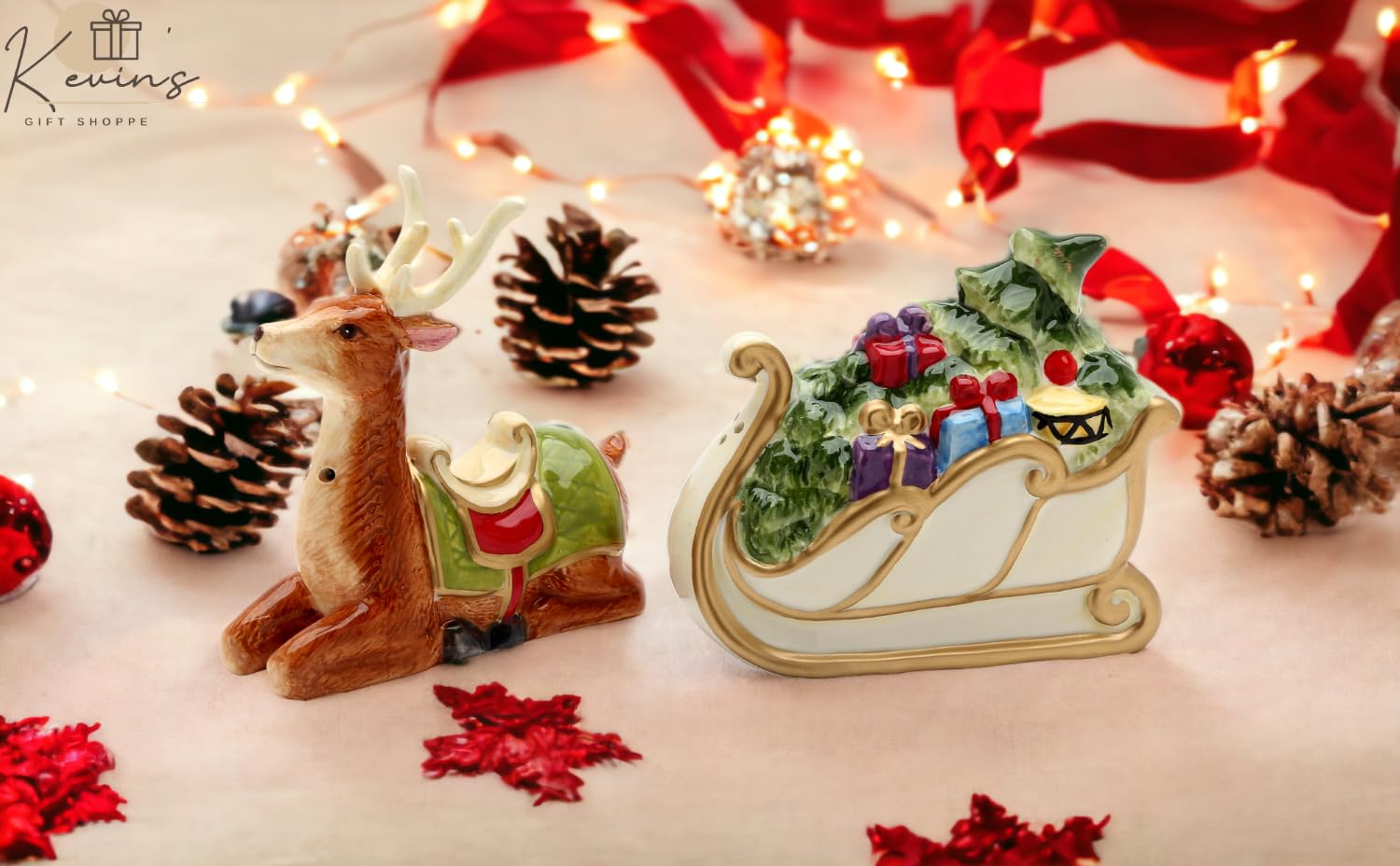 Fine Ceramic Reindeer with Sled Sleigh with Christmas Tree and Gifts Salt and Pepper Shakers Set 4" H