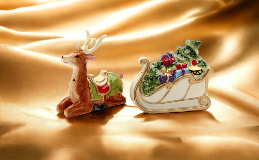 Fine Ceramic Reindeer with Sled Sleigh with Christmas Tree and Gifts Salt and Pepper Shakers Set 4" H