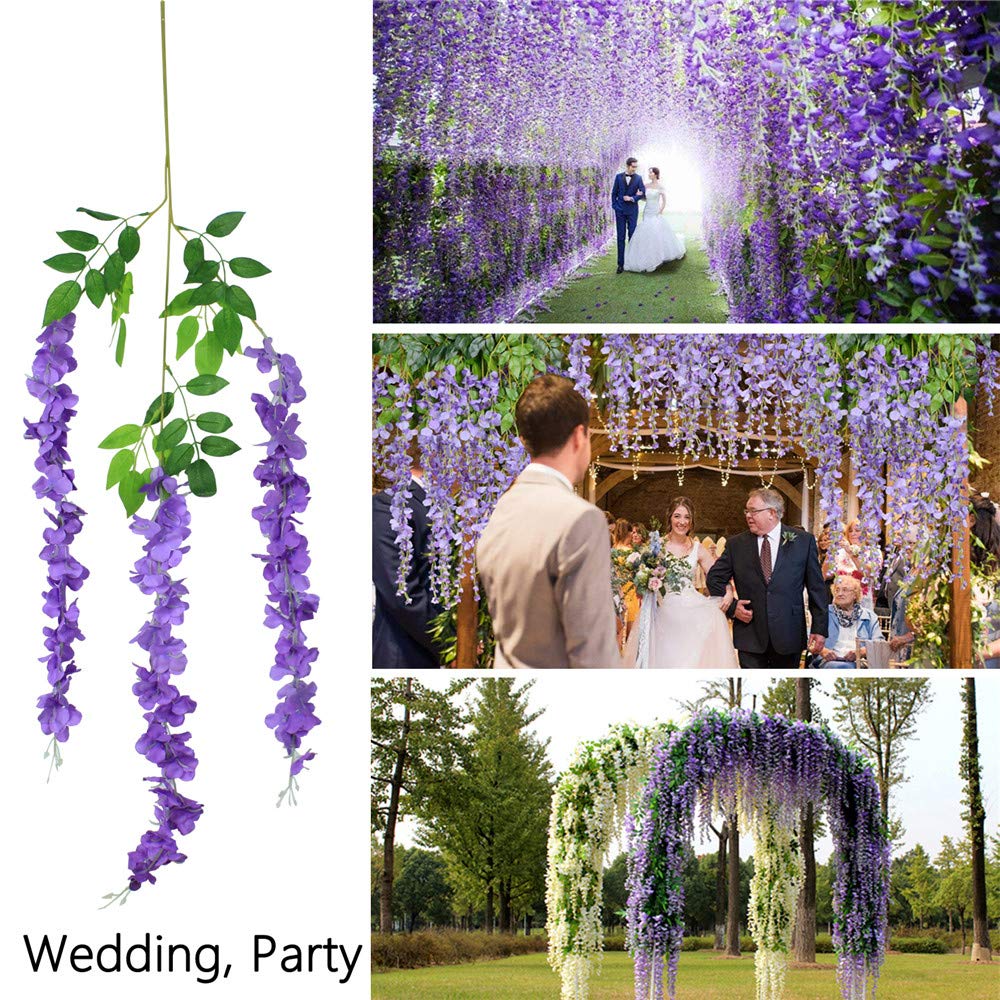 12pcs Artificial Wisteria Flowers 3.6 Feet/Piece Purple Dense Artificial Fake Wisteria Vine Ratta Hanging Garland Silk Flowers String Home Party Wedding Decor（Purple-Dense）
