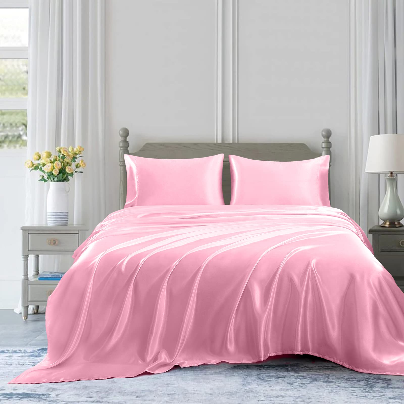 Homiest 4pcs Satin Sheets Set Luxury Silky Satin Bedding Set with Deep Pocket, 1 Fitted Sheet + 1 Flat Sheet + 2 Pillowcases (Queen Size, Pink)
