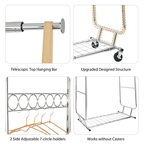 ALUPOM Extendable Double Rod Clothing Rack on Wheels with Shelves Capacity 330lbs, Heavy Duty Rolling Chrome Commercial Garment Rack for Hanging Clothes
