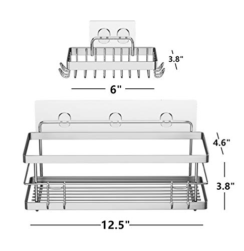 KESOL Shower Caddy + Soap Dish with Hooks for Hanging Sponge and Razor, Shower Organizer Shampoo Holder, No Drilling Adhesive Wall Mounted, Rustproof SUS304 Stainless Steel- 2 Pack