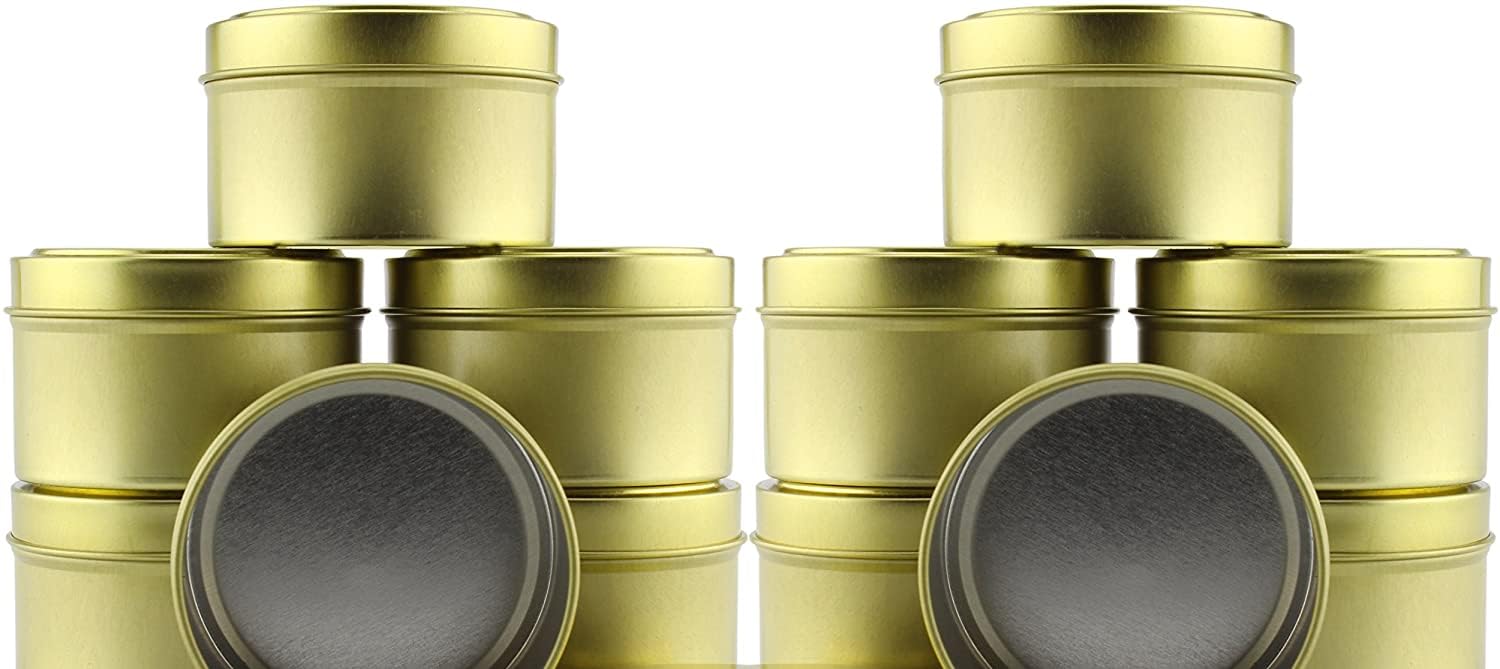Cornucopia Brands 6oz Round Gold Tins/Candle Tins (12-Pack), Metal Tins for Candles, DIY, Party Favors & More, Slip-On Lids Included
