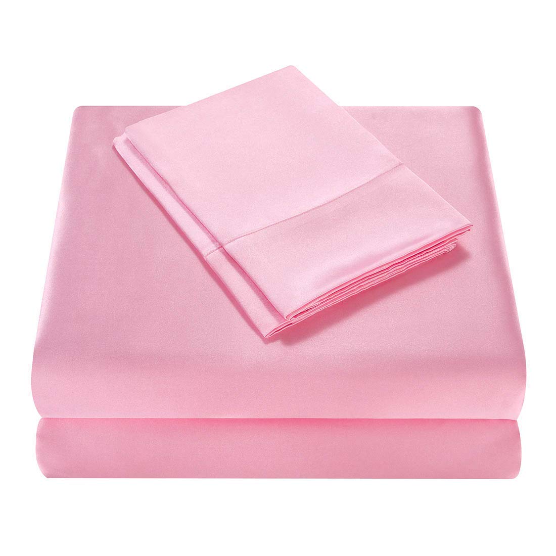 Homiest 4pcs Satin Sheets Set Luxury Silky Satin Bedding Set with Deep Pocket, 1 Fitted Sheet + 1 Flat Sheet + 2 Pillowcases (Queen Size, Pink)